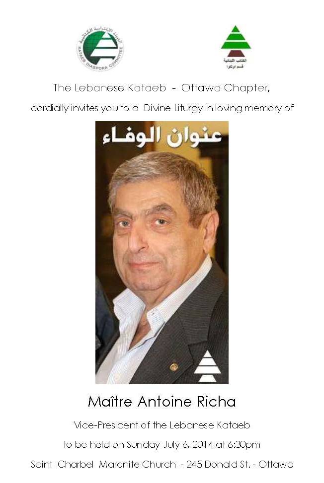 Memorial - Lebanese Kataeb Vice-President - Lebanese in Ottawa